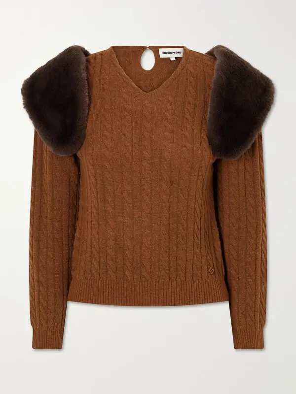 SHUSHU/TONG Plush-trimmed Cable-knit Wool And Lyocell-blend Sweater - Brown