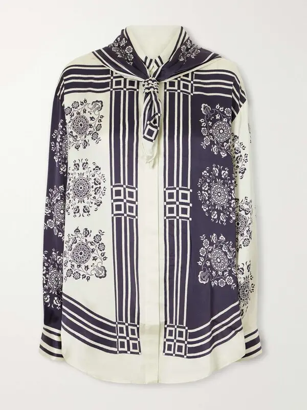 ALEMAIS Banderra Scarf-detailed Printed Silk-satin Shirt - Navy