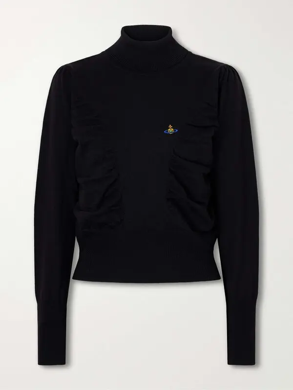 VIVIENNE WESTWOOD Pamela Logo-embroidered Gathered Wool High-neck Sweater - Black