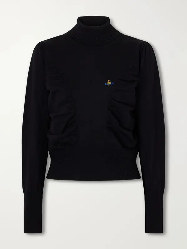 VIVIENNE WESTWOOD Pamela Logo-embroidered Gathered Wool High-neck Sweater - Black