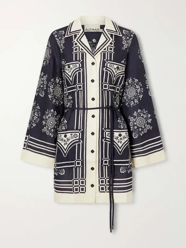 ALEMAIS Banderra Belted Printed Linen Mini Dress