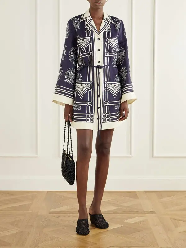 ALEMAIS Banderra Belted Printed Linen Mini Dress