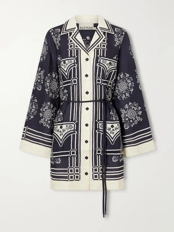 ALEMAIS Banderra Belted Printed Linen Mini Dress - Black