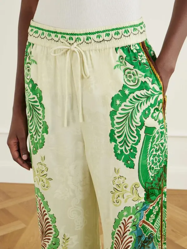 ALEMAIS Florence Drawstring Floral-print Satin-jacquard Wide-leg Pants