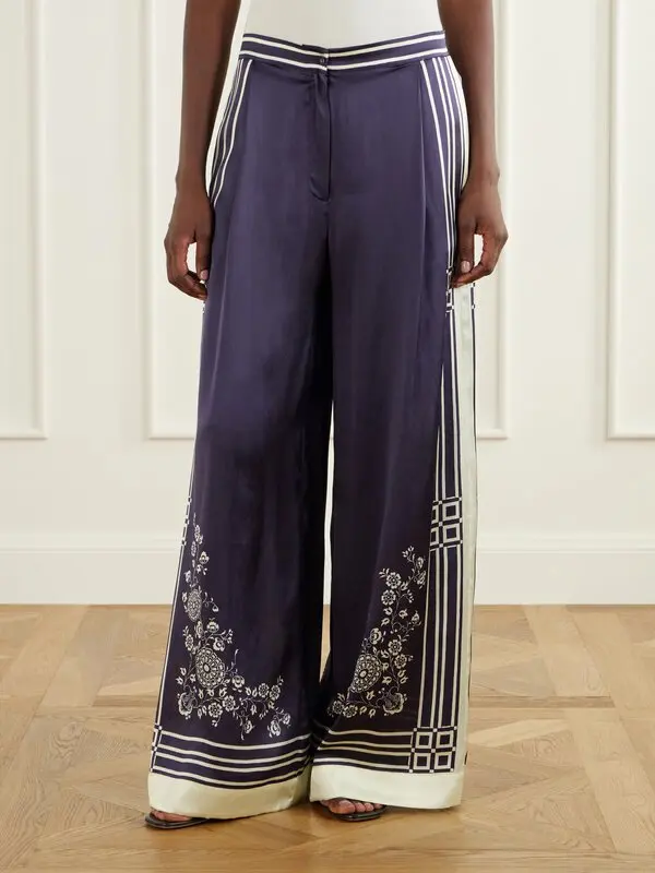 ALEMAIS Bandera Printed Silk-satin Wide-leg Pants