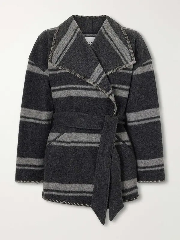 MARANT ETOILE Brea Belted Striped Brushed Coat - Gray