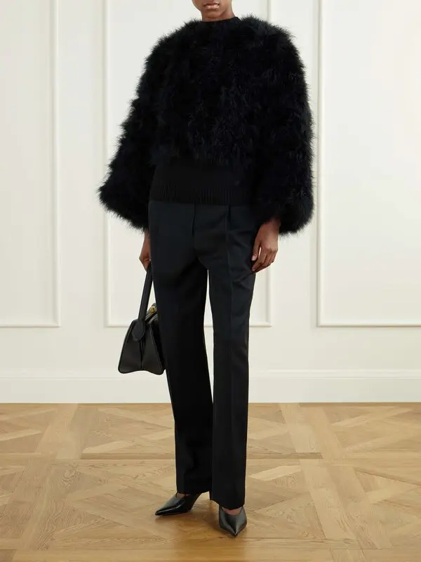 YVES SALOMON Cropped Feather-embellished Satin Cape