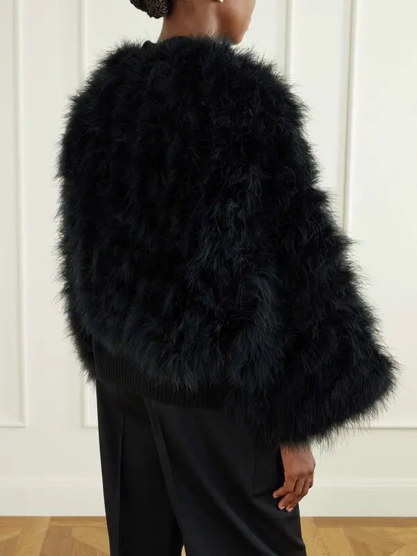 YVES SALOMON Cropped Feather-embellished Satin Cape