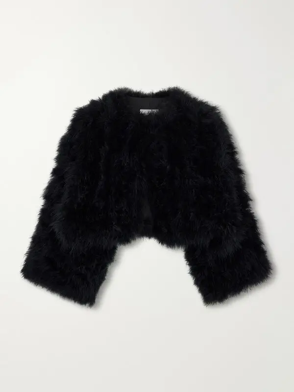 YVES SALOMON Cropped Feather-embellished Satin Cape - Black