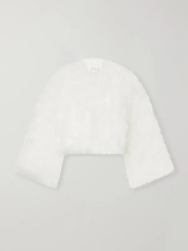 YVES SALOMON Cropped Feather-embellished Satin Cape - White