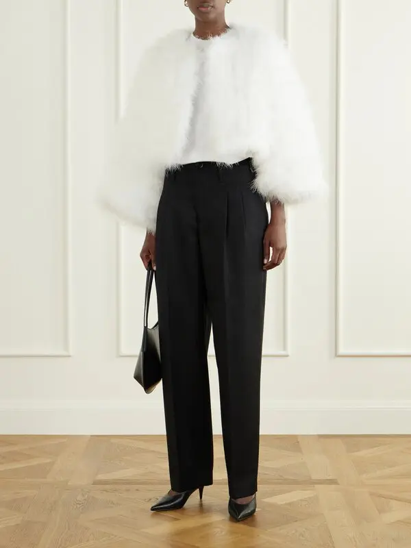 YVES SALOMON Cropped Feather-embellished Satin Cape - White