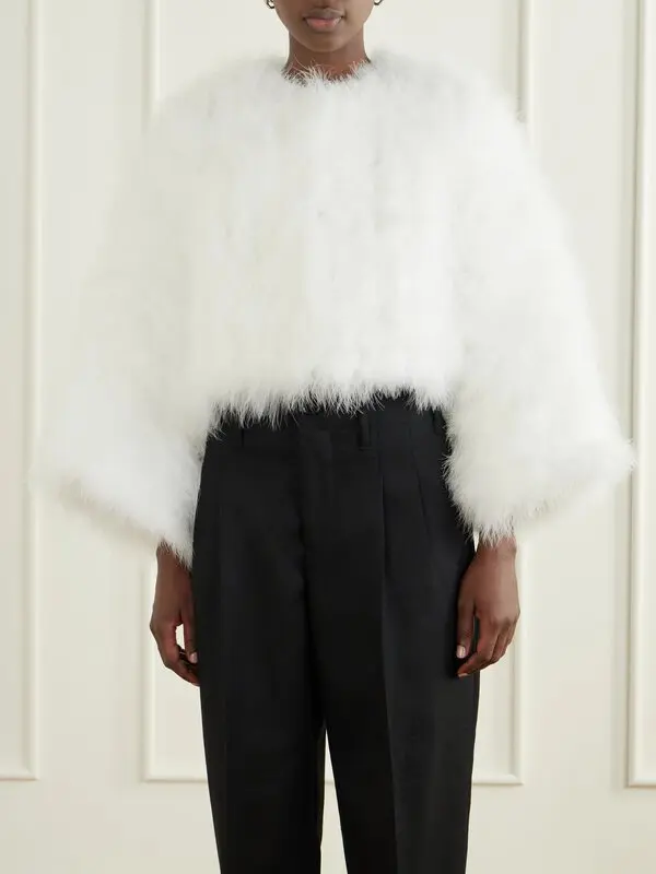 YVES SALOMON Cropped Feather-embellished Satin Cape - White
