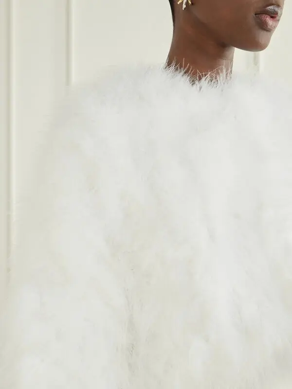 YVES SALOMON Cropped Feather-embellished Satin Cape - White