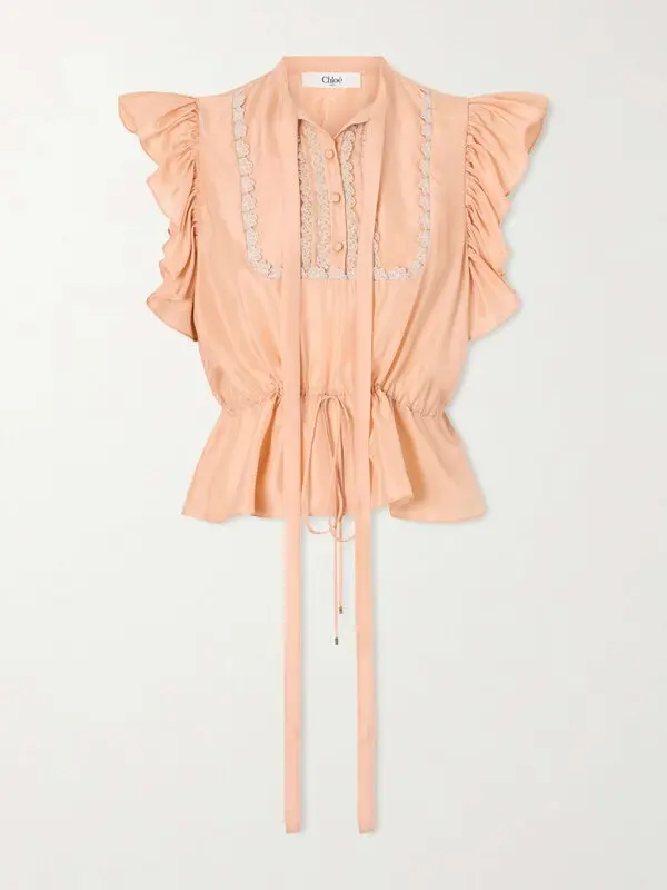 Chloé Ruffled Lace-trimmed Silk-habotai Blouse - Pink
