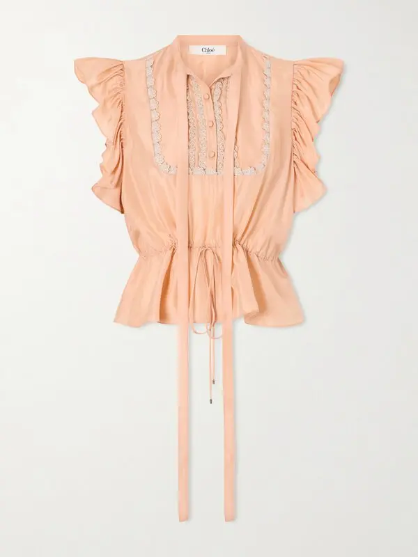 Chloé Ruffled Lace-trimmed Silk-habotai Blouse - Pink