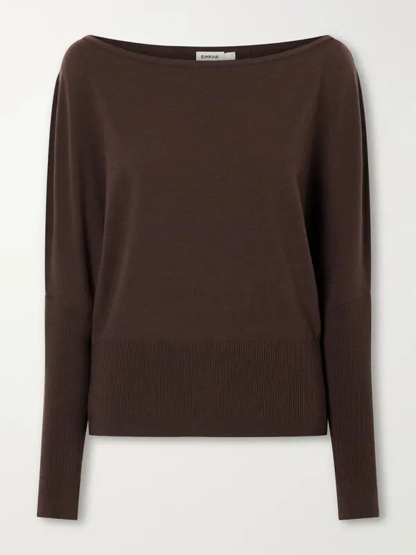 Simkhai Lavina Off-the-shoulder Ribbed-detailed Wool-blend Sweater - Brown