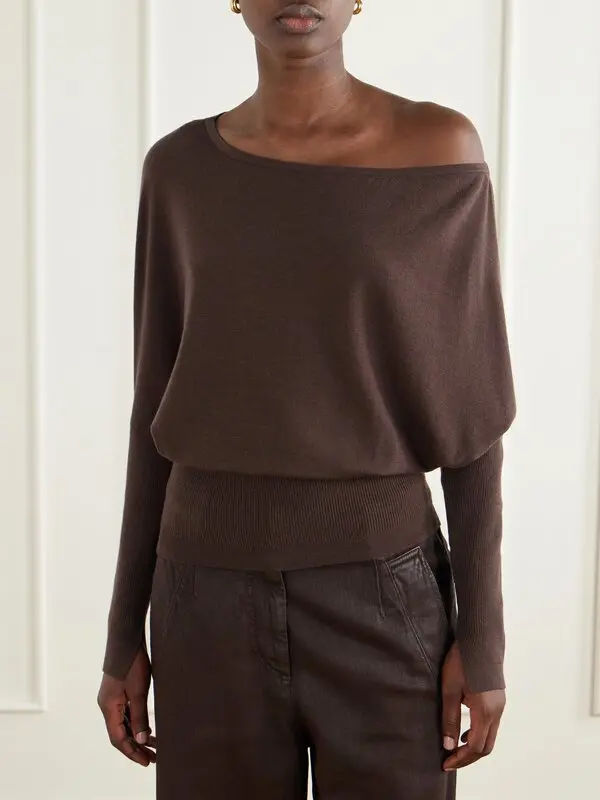 Simkhai Lavina Off-the-shoulder Ribbed-detailed Wool-blend Sweater - Brown