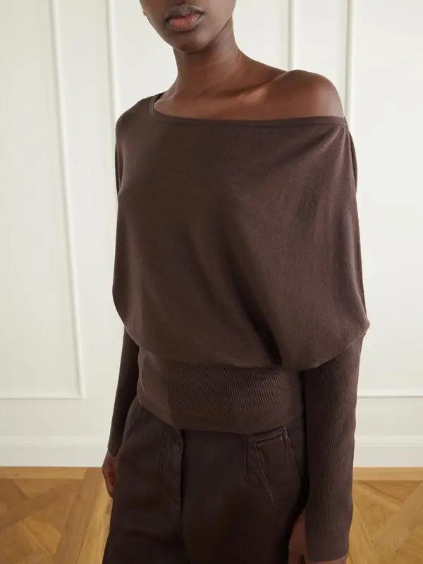 Simkhai Lavina Off-the-shoulder Ribbed-detailed Wool-blend Sweater - Brown