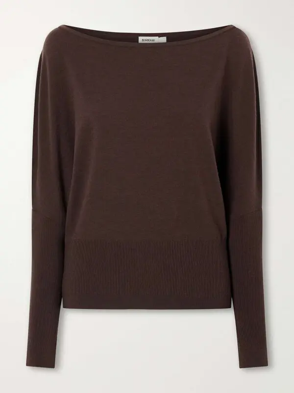 Simkhai Lavina Off-the-shoulder Ribbed-detailed Wool-blend Sweater - Chocolate