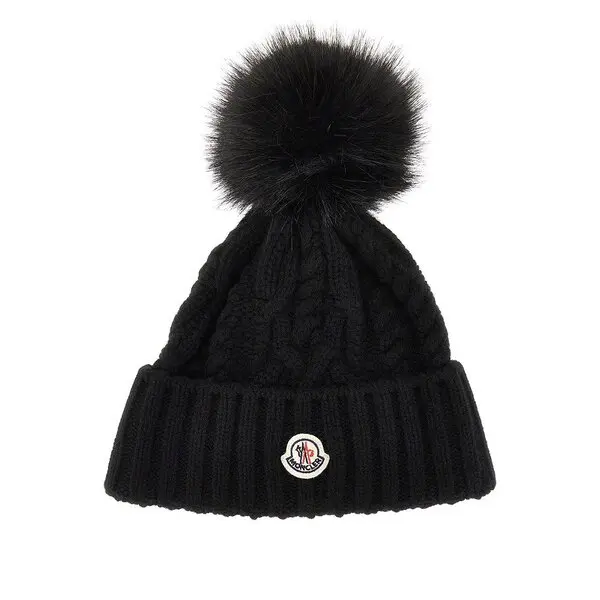 Moncler Cashmere And Wool Beanie Hat With Logo Patch - Black