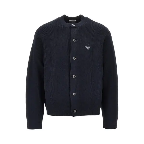 Emporio Armani Wool And Cotton Crewneck Cardigan - Blue