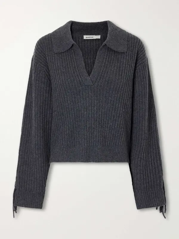 Simkhai Natalia Fringed Ribbed Wool And Recycled Cashmere-blend Polo Sweater - Charcoal