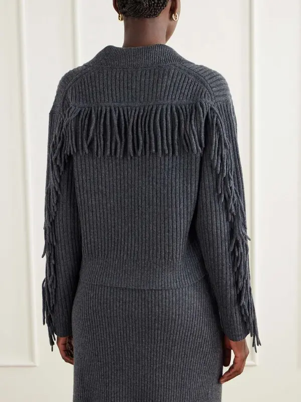 Simkhai Natalia Fringed Ribbed Wool And Recycled Cashmere-blend Polo Sweater - Charcoal