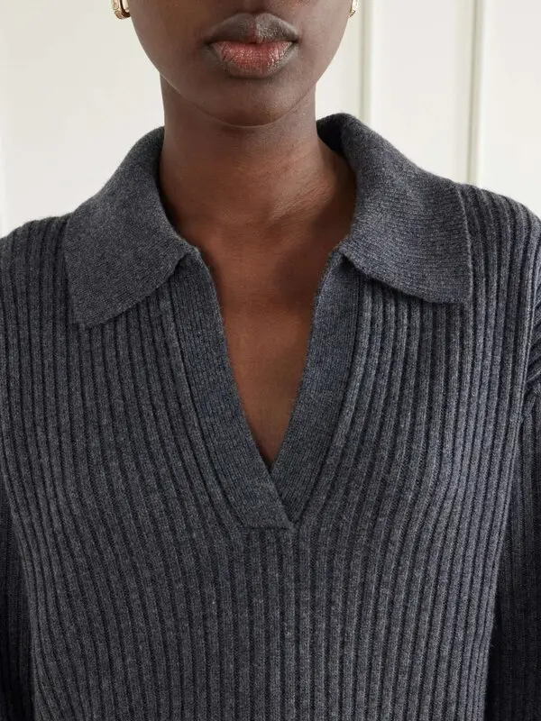 Simkhai Natalia Fringed Ribbed Wool And Recycled Cashmere-blend Polo Sweater - Charcoal