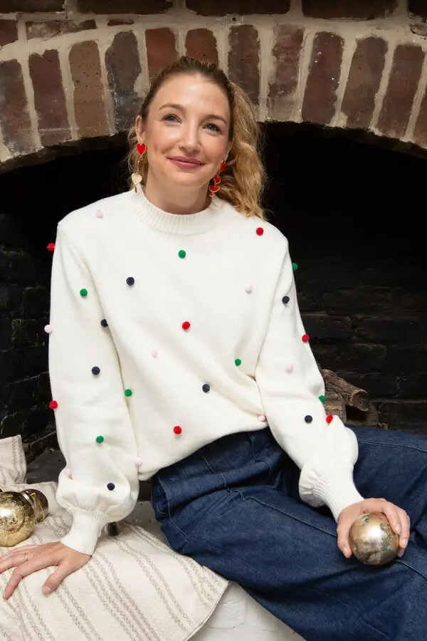 DUFFIELD LANE Holiday Pom Pom Heirloom Cotton Sweater - One-color