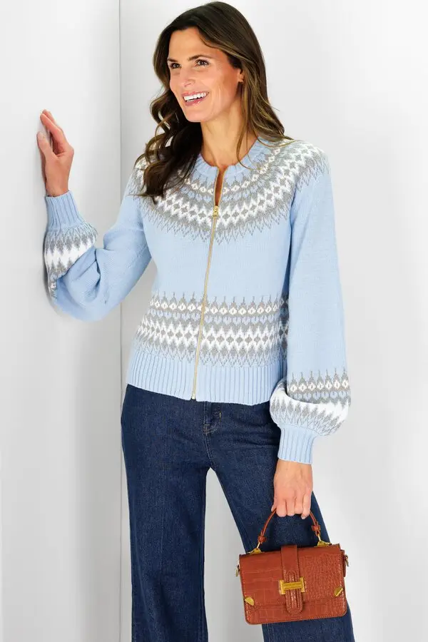 DUFFIELD LANE Fair Isle Zip Up Cardigan - Light Blue