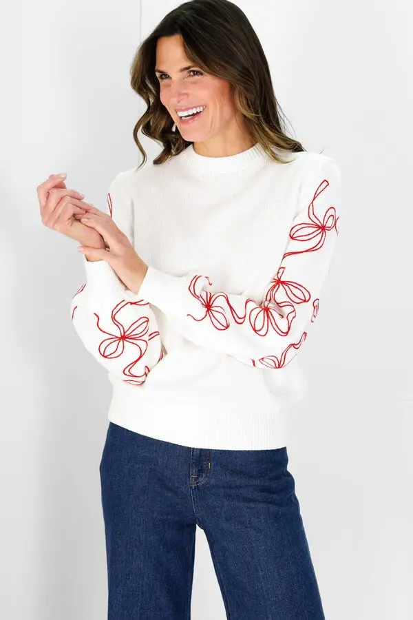 DUFFIELD LANE Bow Sleeve Crew Neck Sweater - Ivory