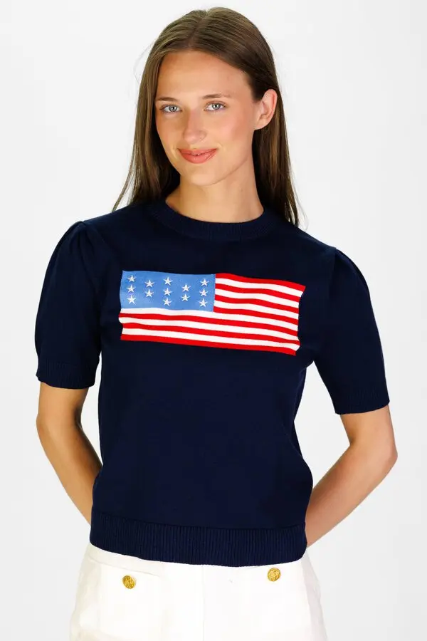 DUFFIELD LANE Puff Sleeve Flag Sweater - Navy