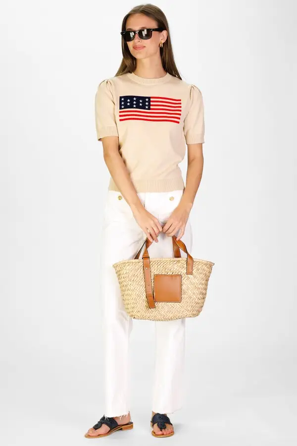 DUFFIELD LANE Puff Sleeve Flag Sweater - Tan