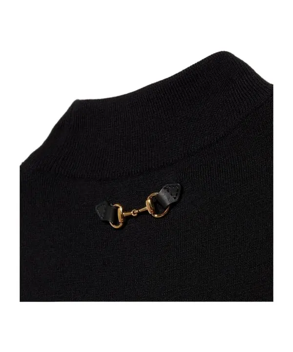 Gucci Fine Rib Knit Wool Dress With Horsebit - Black