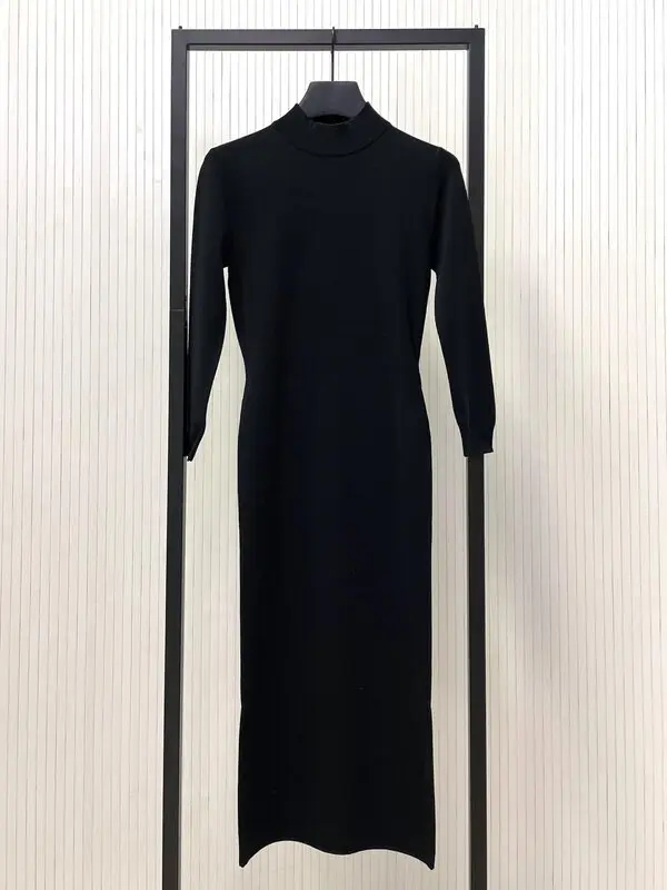 Gucci Fine Rib Knit Wool Dress With Horsebit - Black
