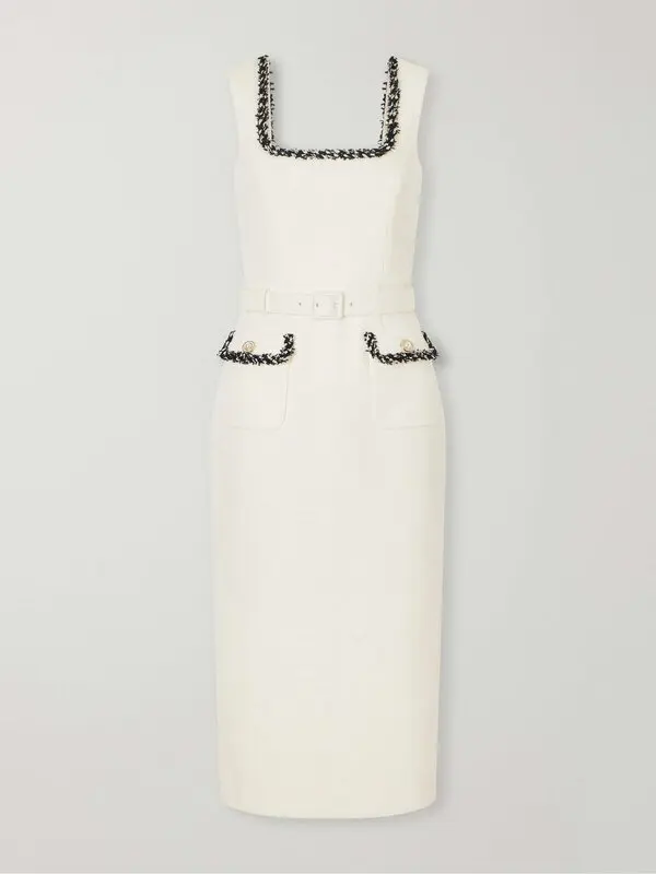 Rebecca Vallance Jacquie Belted Tweed Midi Dress - Cream
