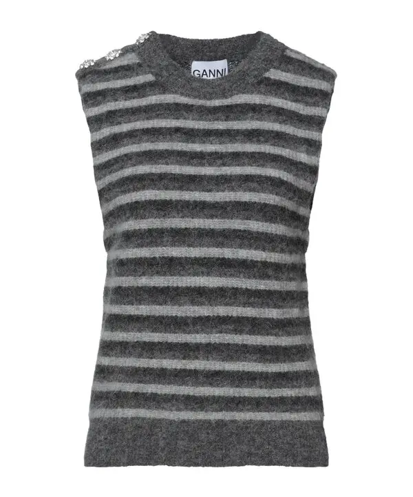 GANNI Striped Sleeveless Knit Top - Grey