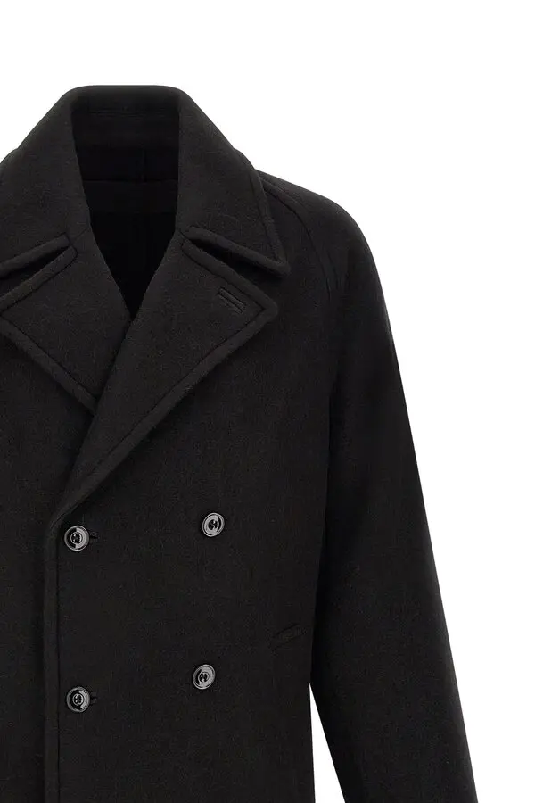 LEMAIRE Double-breasted Coat In Felted Wool And Alpaca Blend - Black