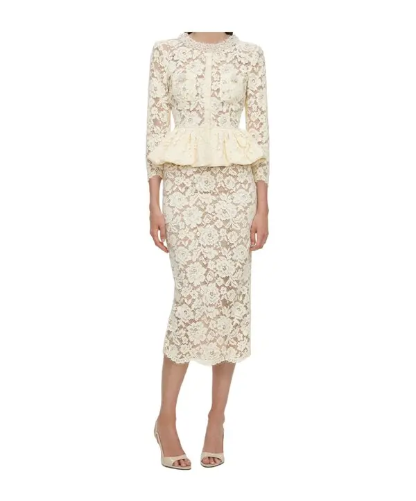 SELF-PORTRAIT Lace Peplum Midi Dress - Yellow