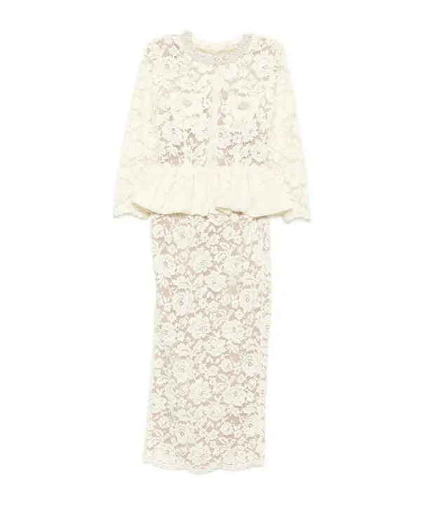 SELF-PORTRAIT Lace Peplum Midi Dress - Yellow