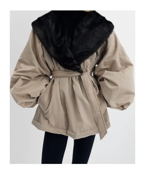 Magda Butrym Belted Faux Fur Collar Jacket