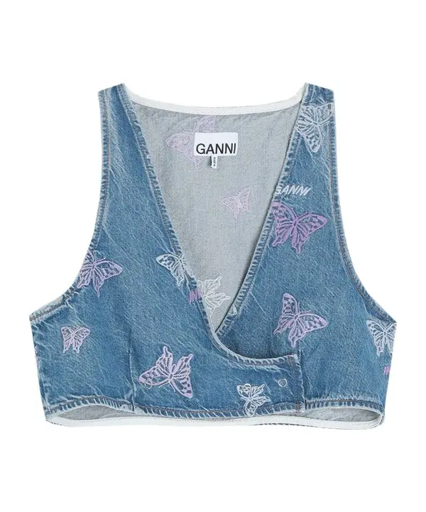 GANNI Sleeveless Denim Cropped Top - Blue
