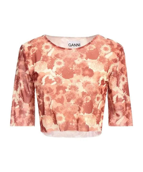 GANNI Floral Printed Cropped Mesh T-shirt