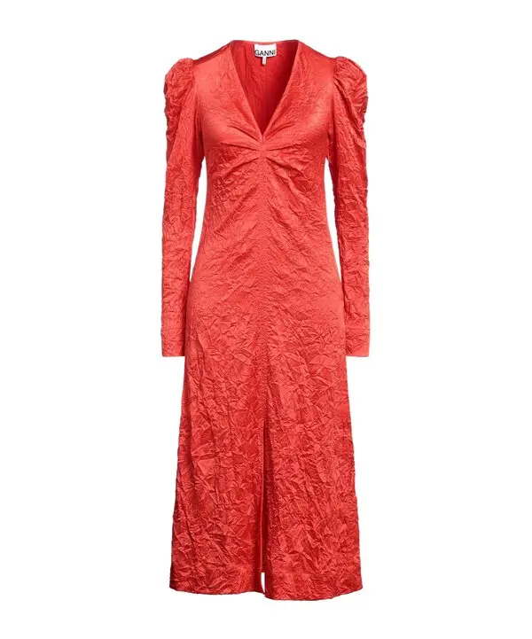 GANNI Solid-colored V-neck Long-sleeve Flared Dress - Red