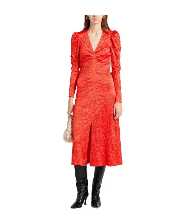 GANNI Solid-colored V-neck Long-sleeve Flared Dress