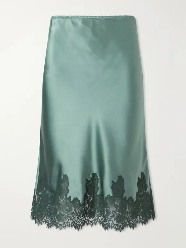 DÔEN Lace-trimmed Silk-satin Midi Skirt - Green