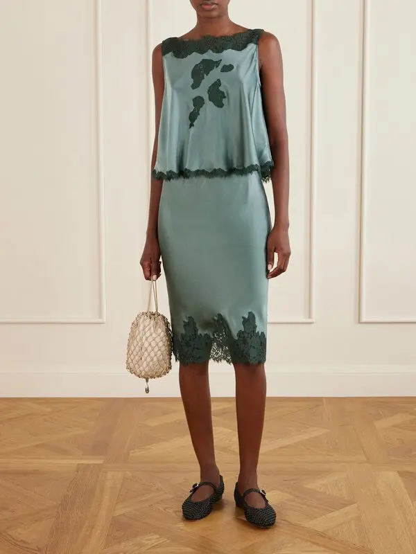 DÔEN Lace-trimmed Silk-satin Midi Skirt - Green