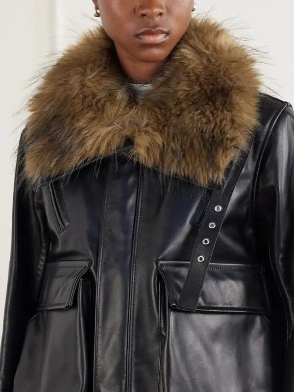 Sacai Plush-trimmed Leather Jacket