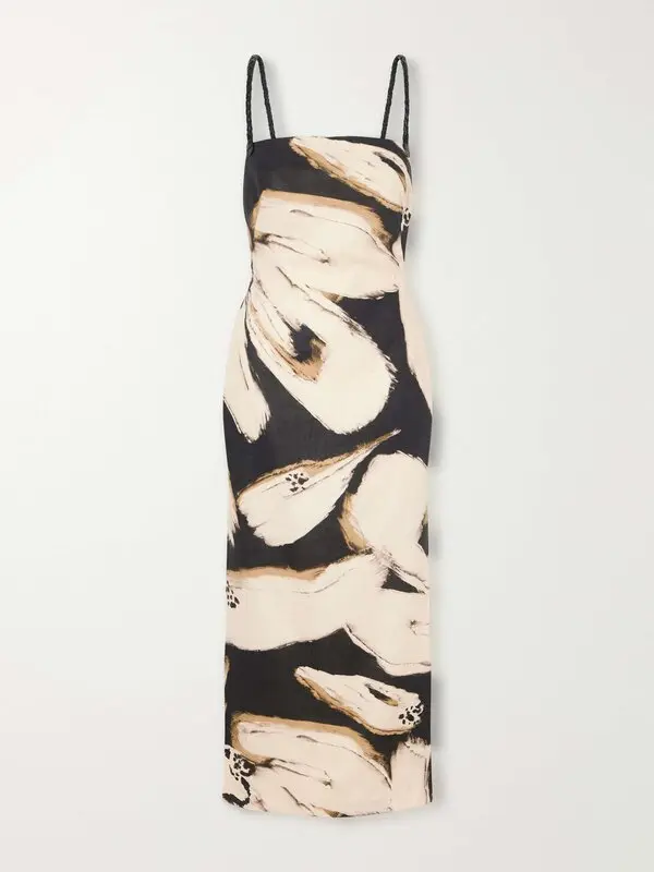 ANDRES OTALORA Lo No Dicho Tassel-detailed Printed Linen Midi Dress - Brown