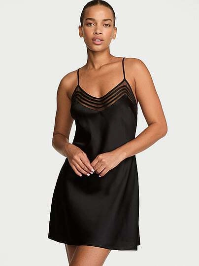 Victoria's Secret Very Sexy Washable Silk Sheer Stripe Short Slip Dress - Black